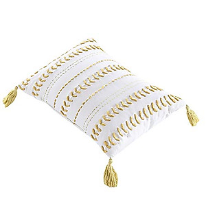 Brielle Home Milo Textured Cotton Boudoir/Lumbar Throw Pillow with Tassels, 14 inches by 20 inches, Mustard/White