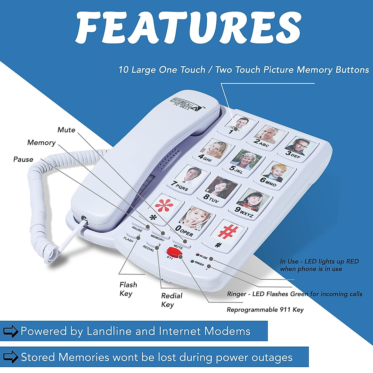 Future Call FC-0613 Best Landline Phones for Seniors, Landline Phone for Hearing Impaired Seniors, Dementia Products for Elderly, Alzheimers Products, Big Button Telephone for Seniors, 10 Picture Keys