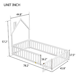 DEINPPA Twin Kids Bed, Wooden Floor Bed with House Shaped Headboard, House Bed Frame with Door Design for Toddler Children Boys Girls-White