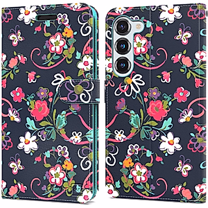 CoverON Pouch Compitable with Samsung Galaxy S23 Wallet Case for Women, RFID Blocking Flip Folio Stand Vegan Leather Floral Cover Sleeve Card Slot for Samsung Galaxy S23 Phone Case - Flower
