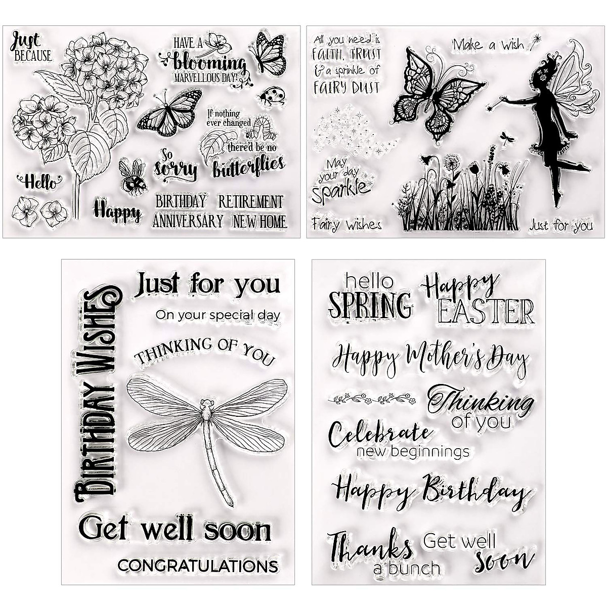Outus 4 Pieces Clear Stamps Summer Silicone Stamp Cards with Flower, Butterfly, Dragonfly, Greeting Words Pattern for Card Making Decoration and DIY Scrapbooking Embossing Album Decor Craft