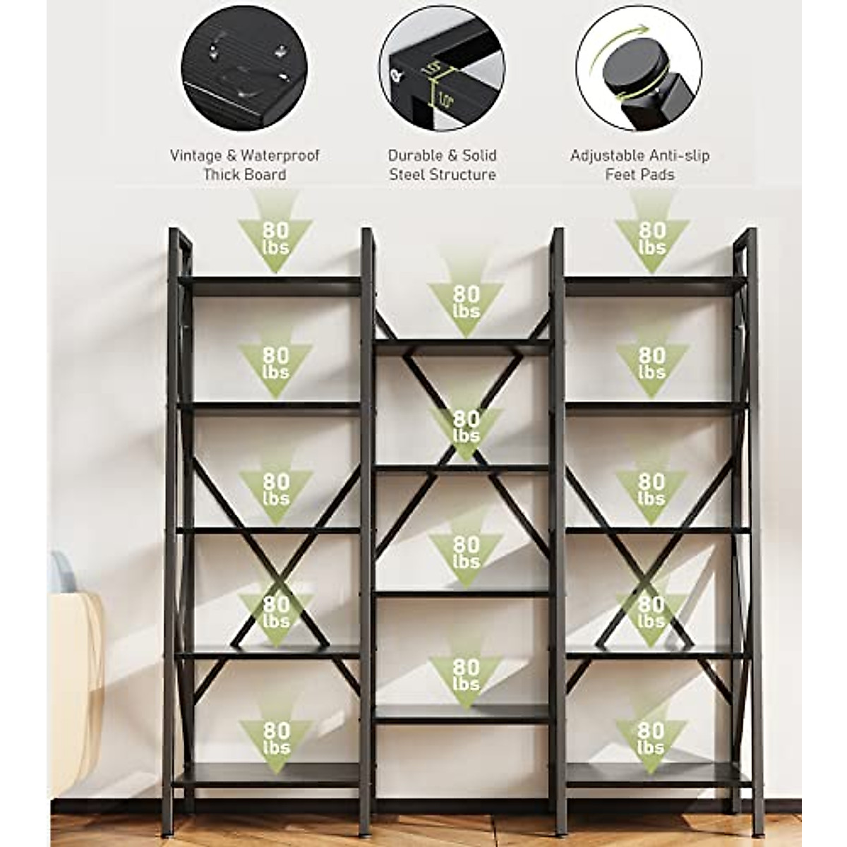 Gizoon Modern Triple Wide 5 Tiers Bookshelf with Storage,Industrial Bookcase with 14 Open Display Shelves, Large Etagere for Living Room/Home/Office-Black