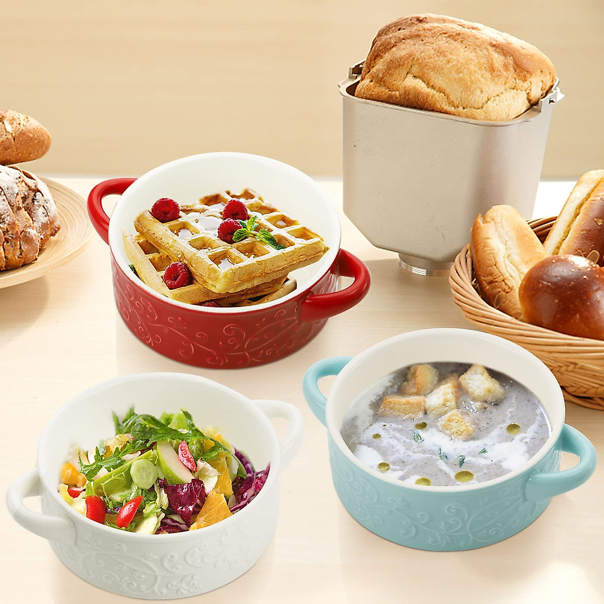 Okllen 4 Pack Ceramic Soup Bowls with Handles, 20 Oz Glazed French Onion Soup Bowls Embossed Cereal Bowls, Stackable Serving Bowls for Stew, Pasta, Chill, Oven Dishwasher Safe, 4 Colors