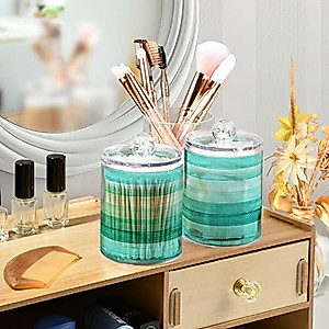 senya Clear Plastic Jars Cotton Swabs Cans, Teal Turquoise Green Wood Bathroom Canisters Storage Organizer with Lids 2PCs Set for Cotton Ball, Cotton Swab, flossers, Hair Bands