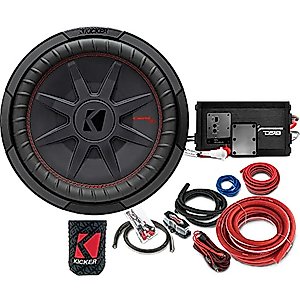 KICKER Subwoofer and Amp Package of 3 Items - 8" CompRT 600 Watt Max Sub, DS18 Class D 2-Channel Amplifier, and Complete 8AWG Wiring Kit