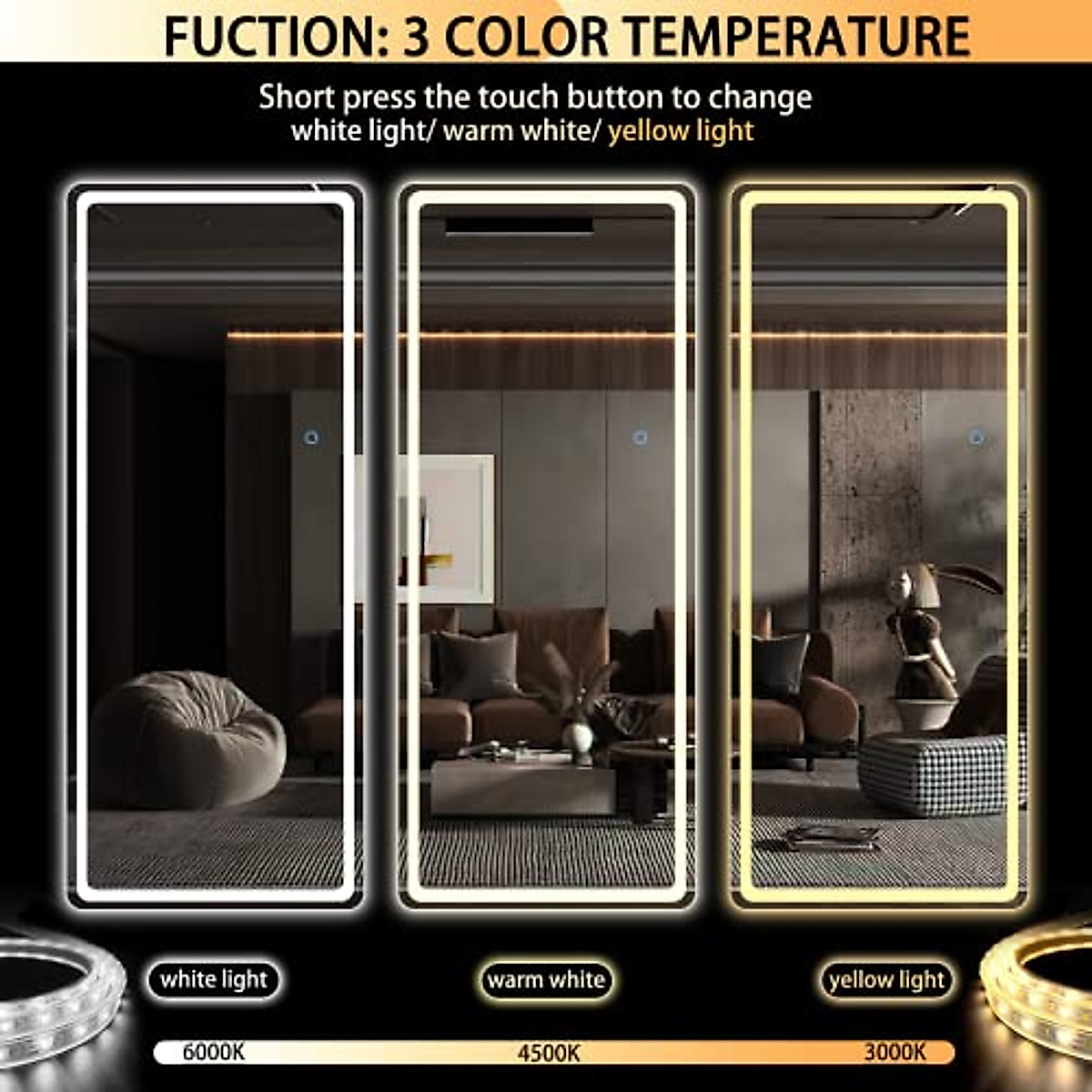 Hasipu LED Door Mirror Full Length, 44.1" x 15.8" Lighted Over The Door Hanging, Full Body Wall Mounted, Light Up Long Dressing, Round Black