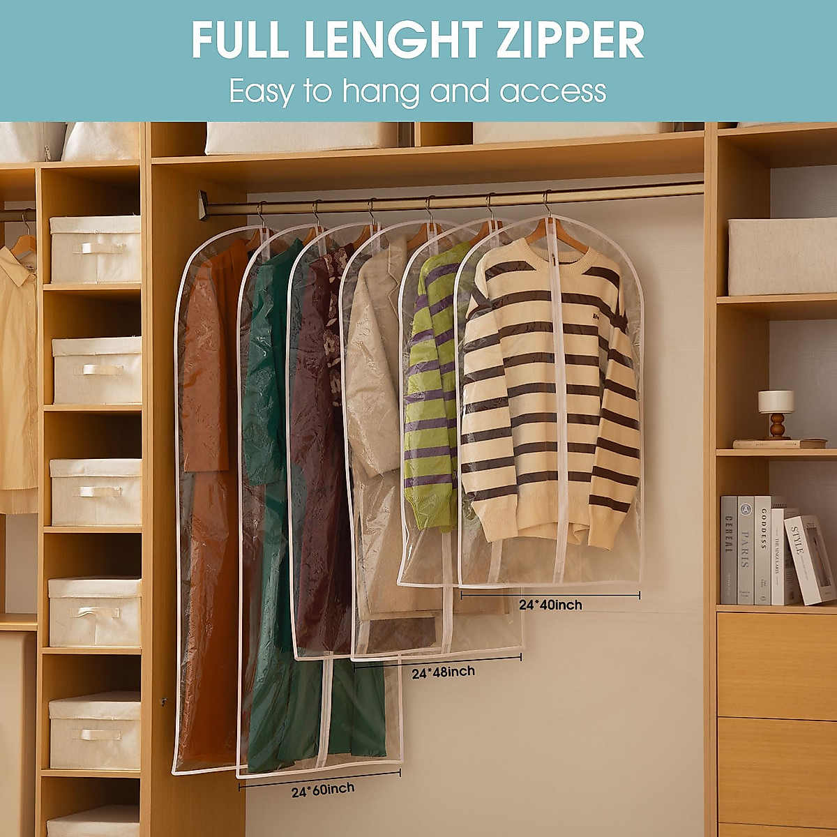 Perber All Clear Garment Bags for Hanging Clothes, 60" Dress Bags for Gowns Long, Plastic Dustproof Dress Garment Bag, Long Dress Bag with Zipper for gown, winter long coats, dance costume（10 Packs）