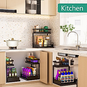 Under Sink Organizer,Metal 2 Tier Under Sink Organizers and Storage Basket,Slide out Under Cabinet Organizer Shelf,Multi-Purpose Pull Out Drawer Cabinet Organizer for Kitchen Bathroom Cabinet,Black