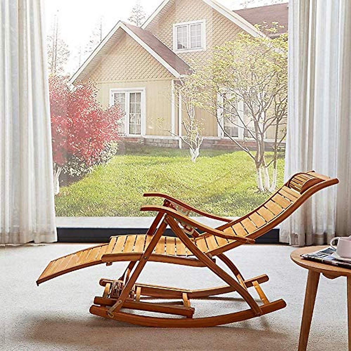 Lounge Chair, Zero Chair,Lounge Chairs,Wooden Folding Rocking Chair Balcony Bamboo Adjustable Back Chair with Headrest and Foot Massage Outdoor Sun Loungers Old Man Siesta Chair
