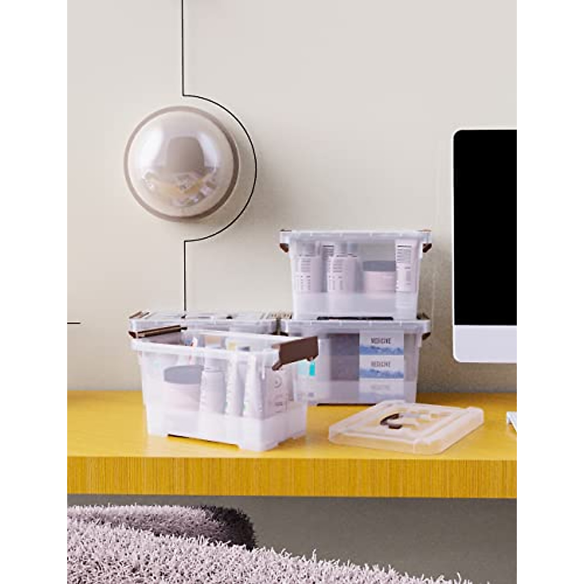 WYT 4 Quart Clear Storage Latch Bins, 4 Pack Clear Stackable Storage Organizer Box with Brown Latching Handle and Lid