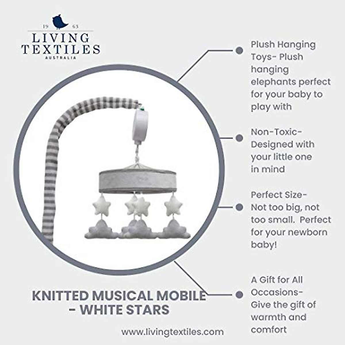 Living Textiles Baby Musical Mobile - White Stars | Crib Toy, Knitted Hanging Toys, Nursery Decor, Calming Soother with 12 Lullabies | Baby Essential and Perfect Baby Toy for Boys and Girls