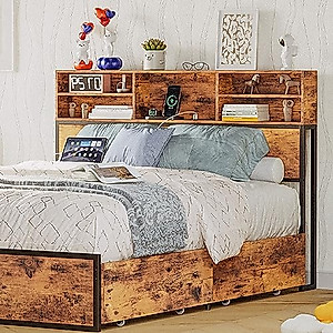 LIKIMIO Queen Bed Frame with Drawers 4 Storage Drawers & Bookcase Headboard & Charging Station, Sturdy and No Noise Platform Bed, No Box Spring Needed, Easy Assembly, Vintage Brown