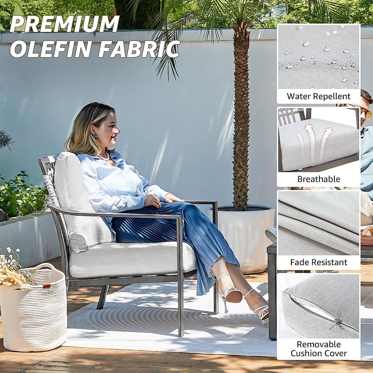 NATURAL EXPRESSIONS Patio Furniture 4 Piece Set,Outdoor Conversation Set Metal Patio Sectional Sofa with High Back Hand-Woven Rope Chairs by Hand Brushed Wood Grain Finish, 6" Cushion for Yard,Garden