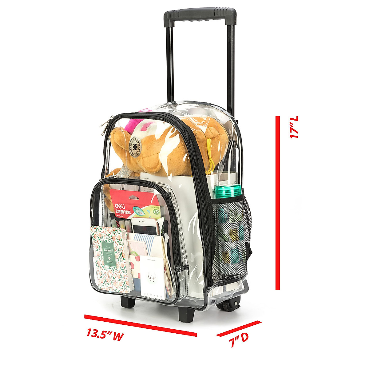 NiceAndGreat Rolling Clear Backpack Heavy Duty Bookbag Quality See Through Workbag Travel Daypack Transparent School Book Bags with Wheels Black