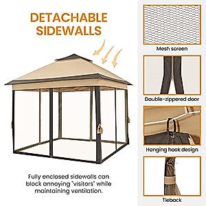 Yaheetech 11'x11' Pop Up Gazebo Outdoor Canopy Shelter Instant Pop Up Patio Gazebo Sun Shade Gazebo Canopy Tent with Double Tiers and Mesh Netting, for Lawn, Garden, Backyard and Deck (Khaki&Brown)