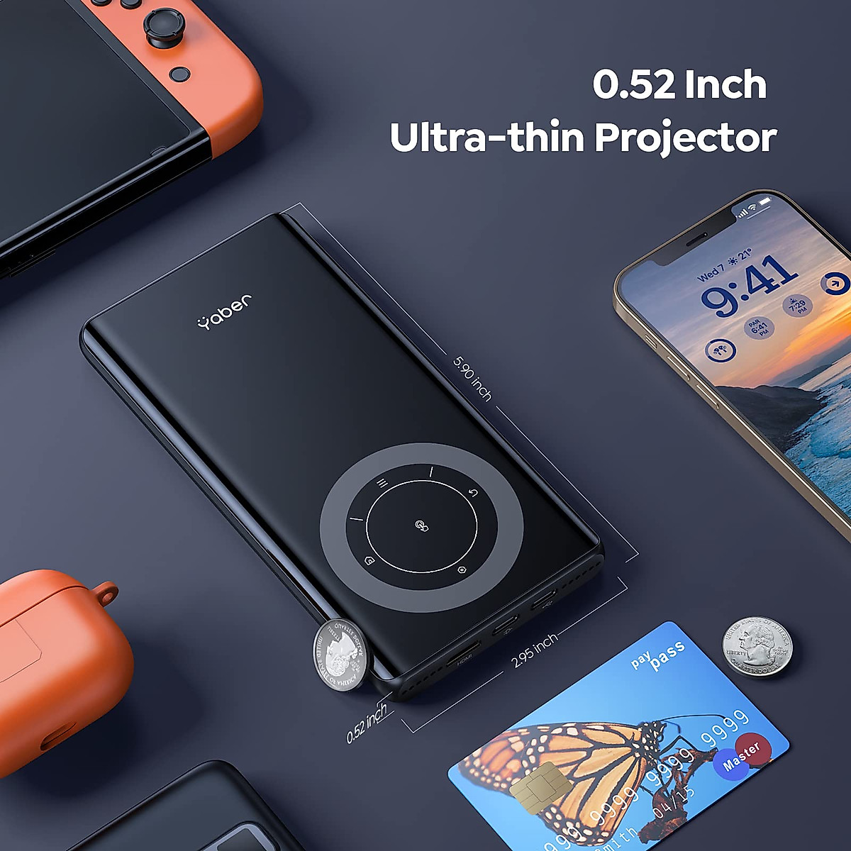 YABER Pico T1 Mini Pocket Projector with WiFi and Bluetooth, Portable Projector with Power Bank 0.52" Ultra-Thin Outdoor Movie Projector, 1080P Support Built-in Speaker, Compatible w Phone/iPad/Laptop