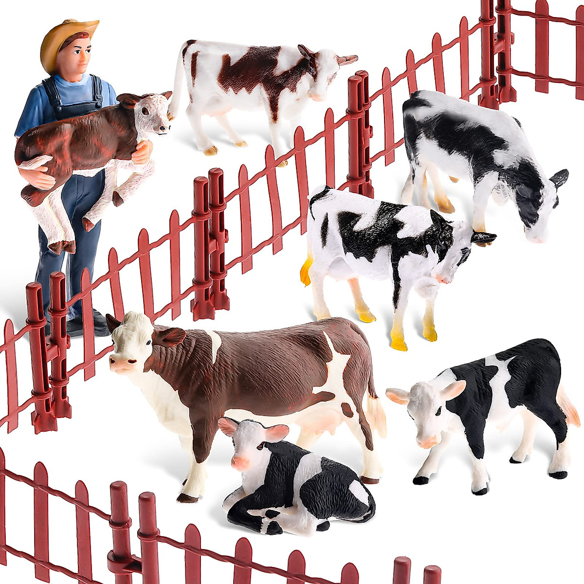 Zomiboo 17 Pieces Corral Fence Toy Cow Farm Figures Barn Animals Keepers Plastic Animals Figures Realistic Toy Animal Fence Barn Sets with Animals for Preschool Educational Christmas Decorations