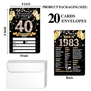 40th Birthday Party Invitation Card - Black Gold Invites with Back In 1983 Poster Printing On The Back Double-Sided Fill-in Invites - 20 Cards with Envelopes for Party Favors - sr-13