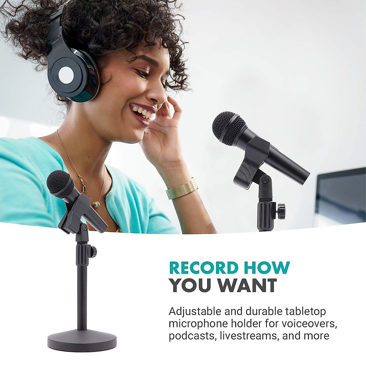 Movo TMC-5 Heavy Duty Desktop Microphone Stand with Weighted Round Base and Mic Holder for Desk - 16" Extendable Microphone Desk Stand - Compact Metal Desktop Mic Stand for Podcasts, Gaming