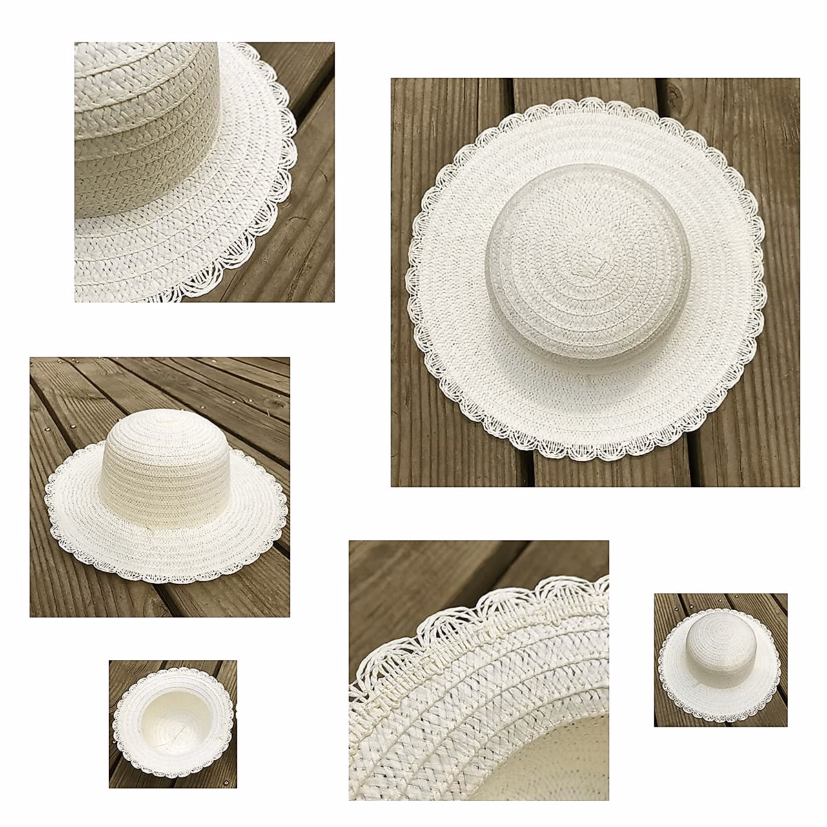 Only Lovuu 10Pcs DIY Straw Hats Set, 5 Laciness White Straw Hats + 5 Round White Straw Hats for Kids Creative Art Painting & DIY Tea Party Dress Up Hats