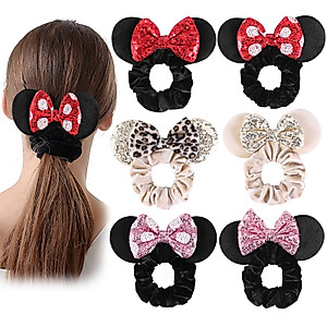 6 Pcs Mouse Scrunchies,Shiny Bows Mouse ears for Birthday Parties, Themed Events, A Perfect Addition to Your Trip Essentials and Accessories For women
