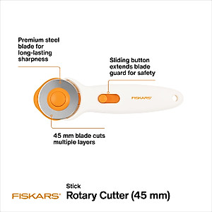 Fiskars 45mm Rotary Cutter for Fabric - Premium Stick Rotary Cutter - Craft Supplies - Crafts, Sewing, and Quilting Projects - White