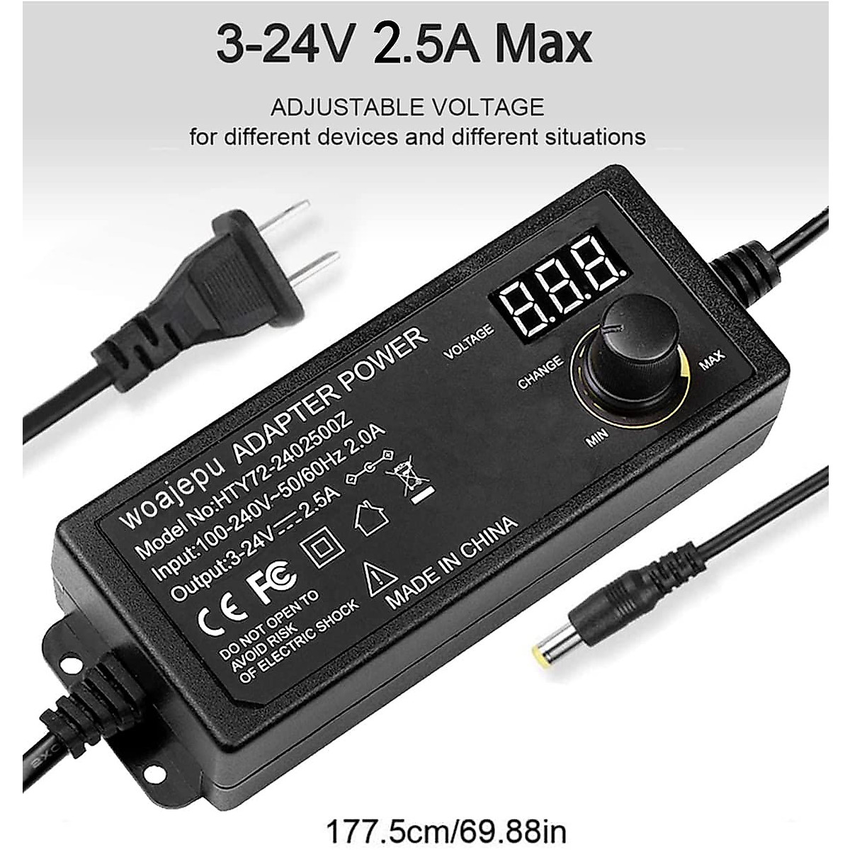 3V ~ 24V 2.5A 60W Power Supply with Volt Diaplay Adjustable DC 3V 5V 6V 9V 12V 15V 16V 18V 19V 20V 24V Variable Universal AC/DC Adapter 100V-240V AC to DC Converter with 8 Selectable Adapter Tips