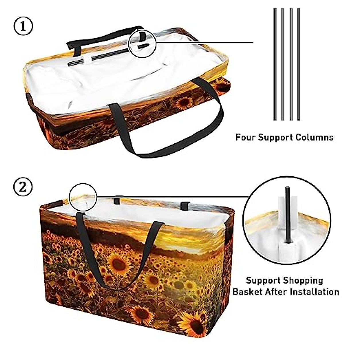 KQNZT Reusable Grocery Bags, Large Foldable Reusable Shopping Tote Bags Bulk for Groceries, Waterproof Kitchen Cloth Produce Bags with Long Handles, Sunrise Sunflower