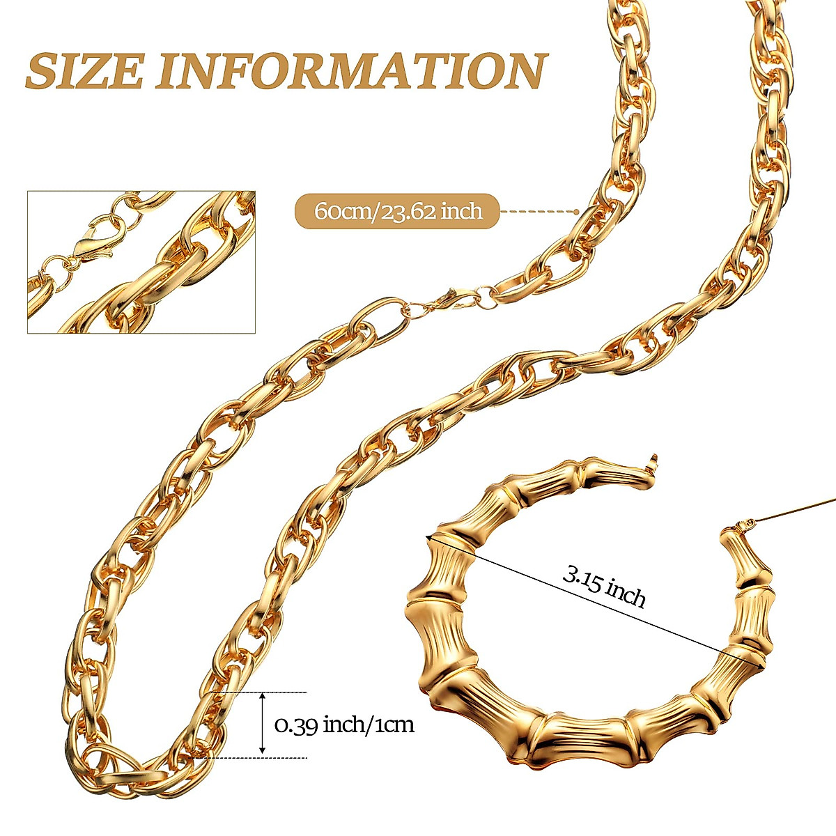 Epakh Hip Hop Woman Costume Kit Including Fanny Packs Transparent Sunglasses Faux Gold Rope Chain and Round Hoop Earrings (Rose Gold)