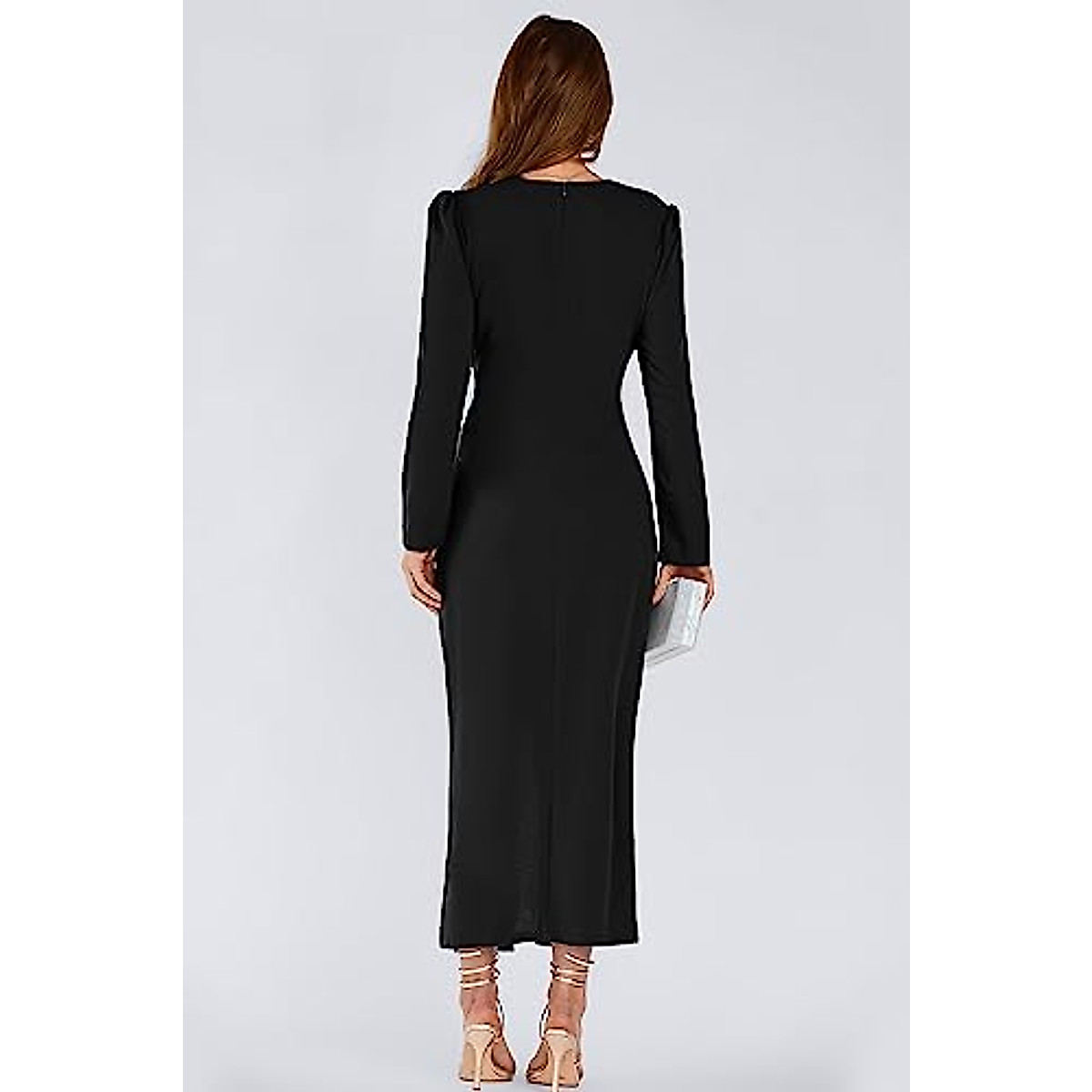 PRETTYGARDEN Women's Fall Fashion 2023 Long Puff Sleeve Maxi Dresses V Neck Twist Front Formal Dress with Slit (Black,Medium)