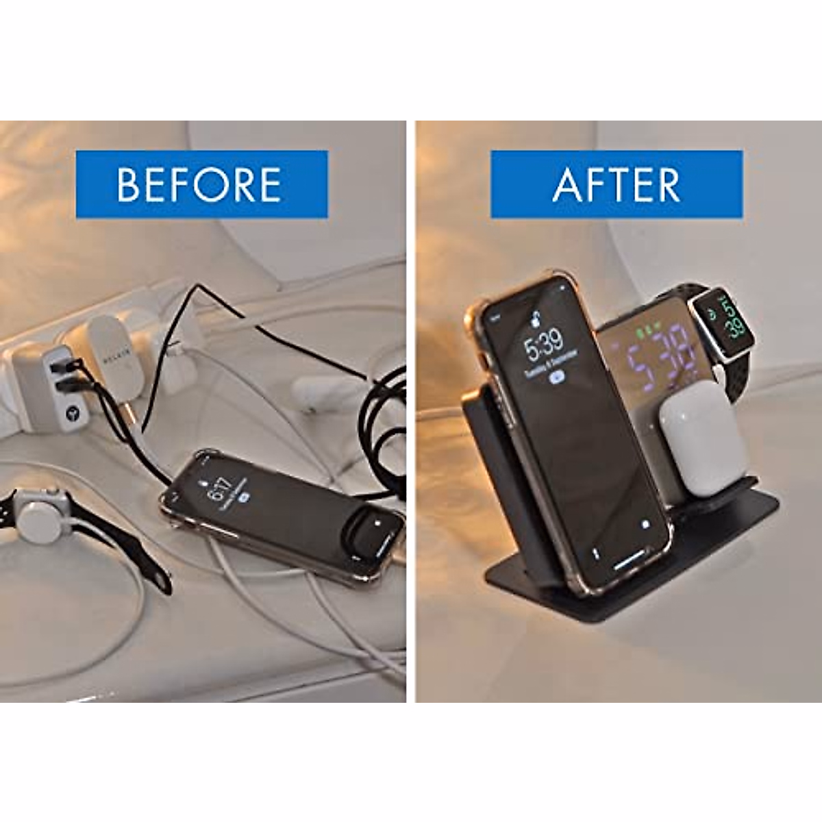 Tech Starving's 3 in 1 Wireless Charger with Clock/Alarm—Fast Charging—For iPhone 14/13/12/11/XS/X/8—Apple Watch Series—AirPods & Samsung Phone Series