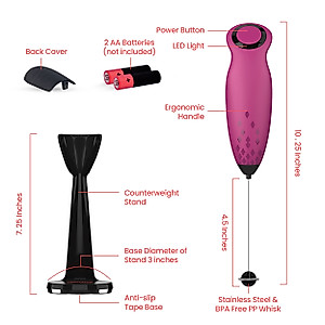 YOSHIFUL Milk Frother for Coffee with Deluxe Stand - Coffee Frother Handheld Foam Maker for Lattes - Turbine Whisk Drink Mixer Handheld - Frother Wand Stirrers Electric for Cappuccino, Matcha (Pink)