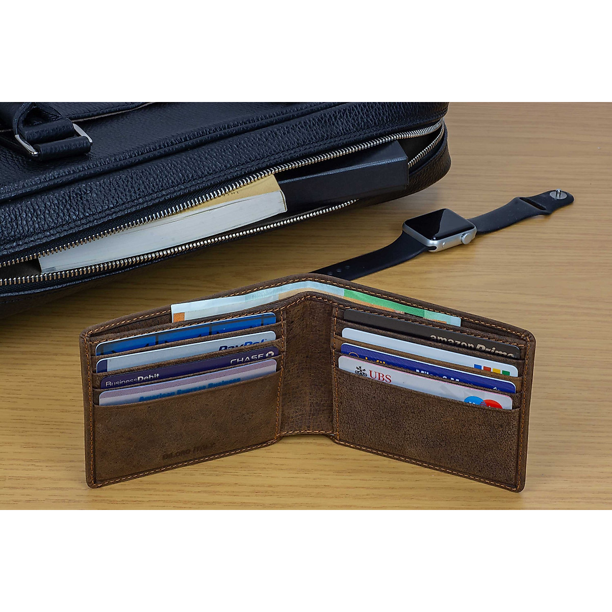 DiLoro Men's Slim Minimalist Bifold Genuine Full Grain Real Buffalo Leather with RFID Double Money Long Pocket and 8 cards (Dark Hunter Brown)