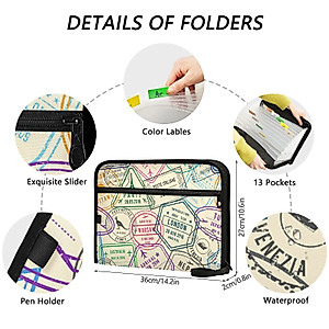Travel Stamps Visa Accordion File Organizer Portable Document Receipt Organizer File Folders with Pockets Labels Card Organizer for Home Office School Supplies