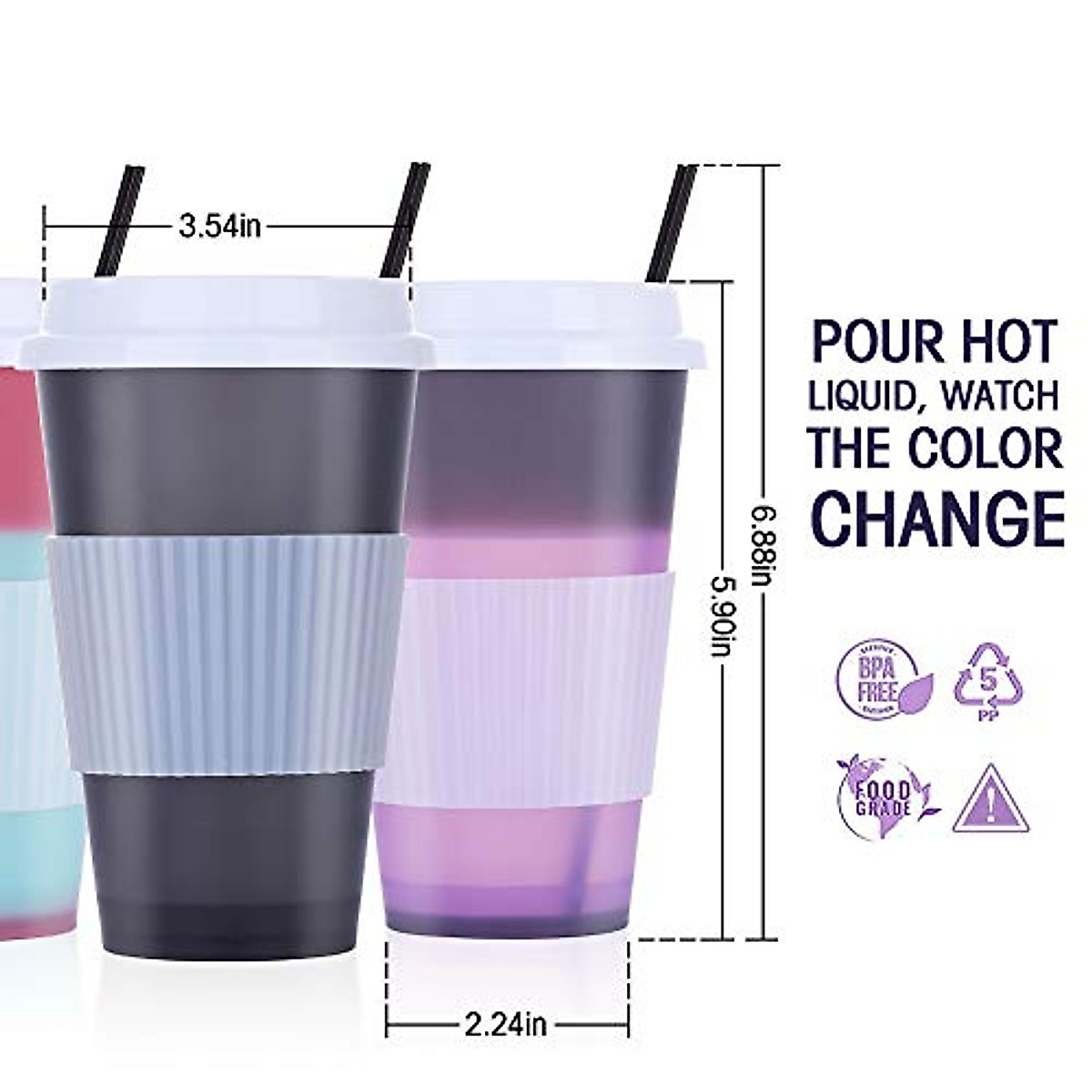 Reusable Color Changing Tumbler Coffee Cups - 5 Pcs 16oz Plastic Tumblers Cup with Lids For Hot Drink - Durable & Splash-Proof Water Travel Cup to Go Coffee Cup