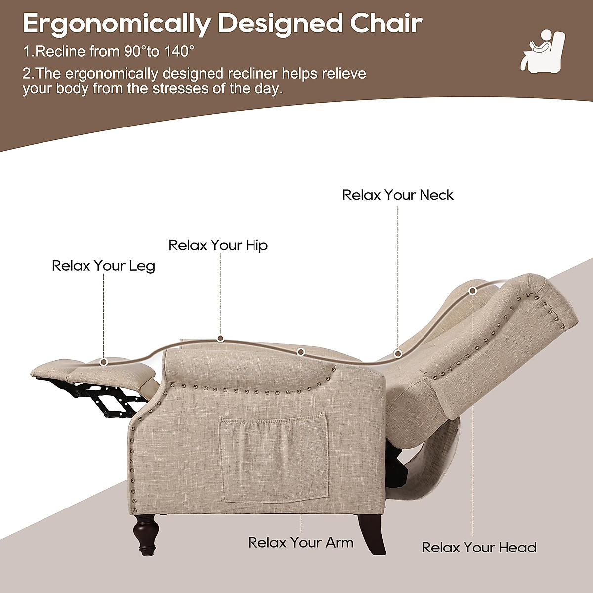 Consofa Wingback Recliner Chair with Massage and Heat Tufted Fabric Push Back Arm Chair for Living Room Vintage Recliner Chair with Remote Control, Padded Cushion, Backrest, Wooden Legs