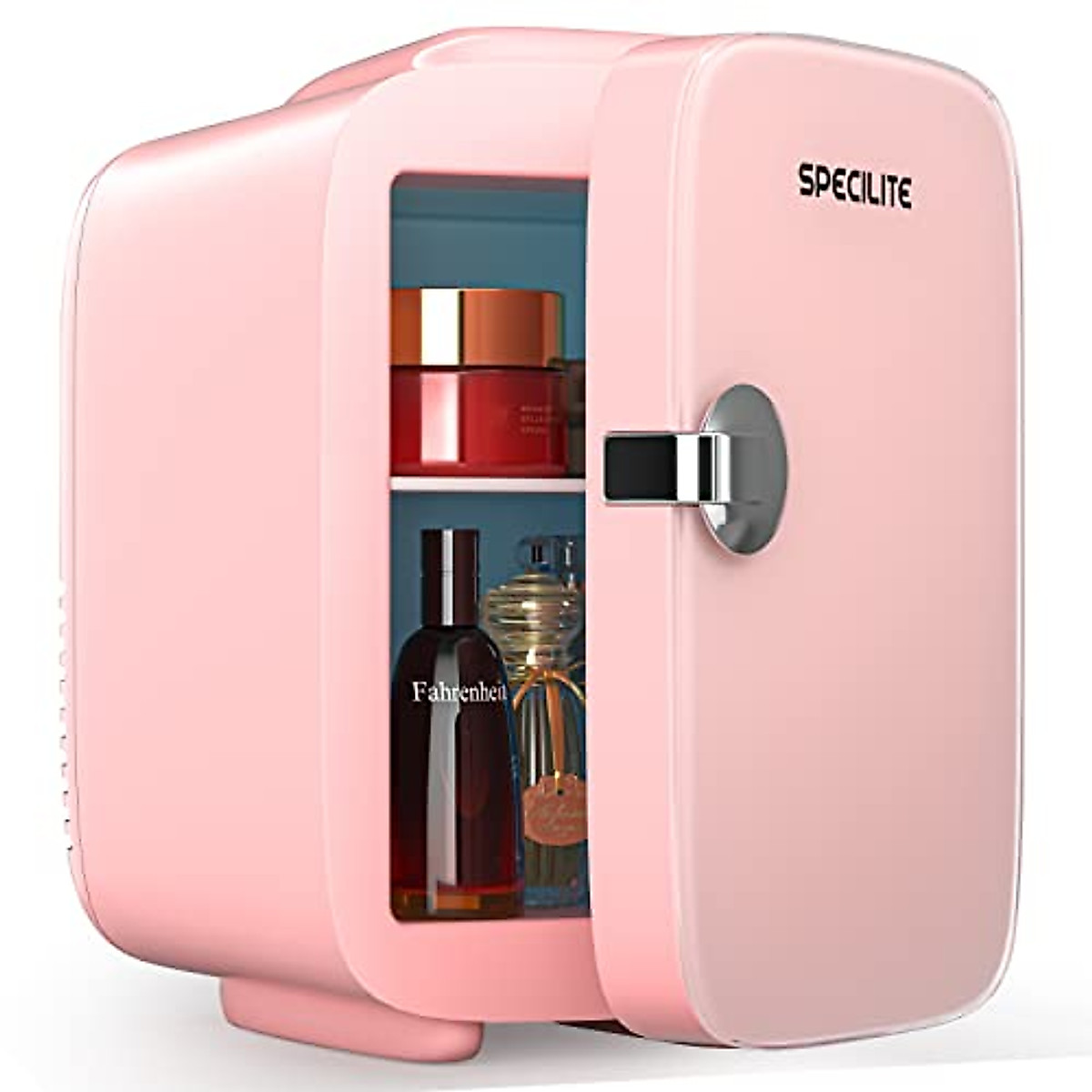 SPECILITE Mini Fridge for Skin Care, Portable Beauty Fridge with Eraser Board Door and Bead Chain(4 Liter/6 Can) Cooler and Warmer, Personal AC/DC Refrigerator for Makeup, Food, Travel, Pink