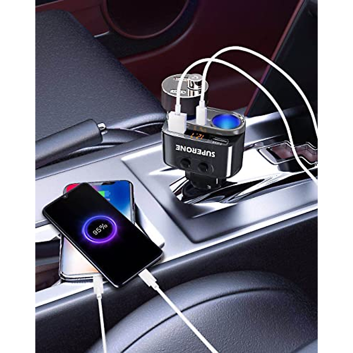 SUPERONE 150W 2-Socket Cigarette Lighter Splitter Power Adapter, USB C Car Charger with 20W Power Delivery 3.0 & QC 3.0 for iPhone 14 Pro Max/13/12/11/11 Pro/X/8/7, Samsung, Google Pixel and More