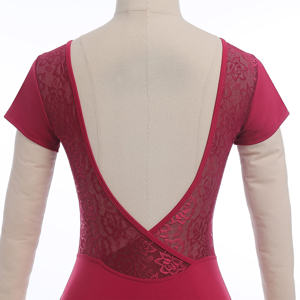 AFAVOM Ballet Leotards for Women Dance Leotards Short Sleeve Lace Ballet Bodysuit Mesh Open Wrap V-backless Gymnastics Leotards High Cut Camisole Leotard Tops Yoga Ballerina Dancewear Dark Red L