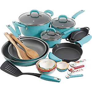 The Pioneer Woman Vintage Speckle 24-Piece Cookware Combo Set in Turquoise bundle with Copper Charm Stainless Steel Copper Bottom Cookware Set, 10 Piece
