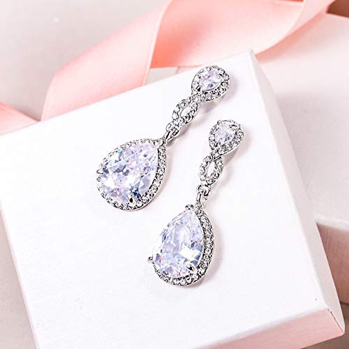 EVER FAITH Crystal Wedding Earrings for Bride Bridesmaids, White Cubic Zirconia Birthstone 8-Shape Infinity Pierced Bridal Dangle Earrings Clear Silver-Tone