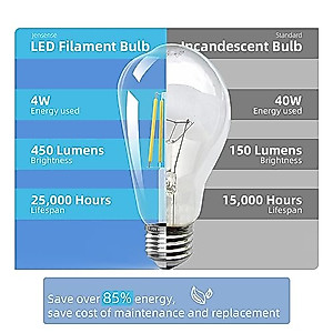 Jensense LED Bulb Edison Light Bulbs Dimmable Daylight 5000K E26 4W 40 Watt Equivalent Clear Glass for Pendant Light, Chandelier, Floor Lamp Replace, 4 Pack