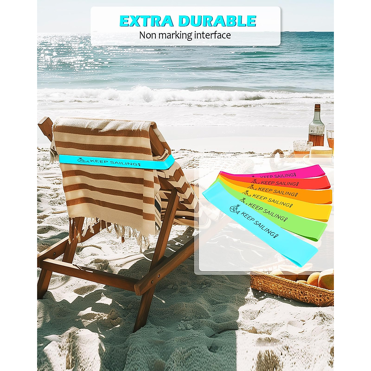 Beach Towel Bands, Stretch Rubber for Pool & Beach Chairs, Extra Durable, No Snapping, Cruise Ship & Beach Travel Essentials, Great Alternative to Beach Towel Clips (6 Pack)