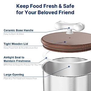 17 oz/6 cups+31 oz/10 cups 2PK Stainless Steel Dog Treat Container Airtight with Wooden Lid to Keep Fresh, Metal Dog Food Storage Container with Ceramic Bone Handle, Easy Clean Dog Treat Jar Bin