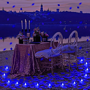 VIHOSE 4000 Pcs Artificial Rose Petals with 24 Pcs LED Tea Lights Candles Flameless LED Candles Fake Rose Petals for Proposal Wedding Birthday Party(Blue Light, Blue Petals)