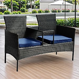 TINKLE WELL Wicker Outdoor Loveseat Modern Rattan 2-Seat Patio Conversation Set with Cushions & Built-in Coffee Table Porch Furniture for Garden Lawn Backyard, Black