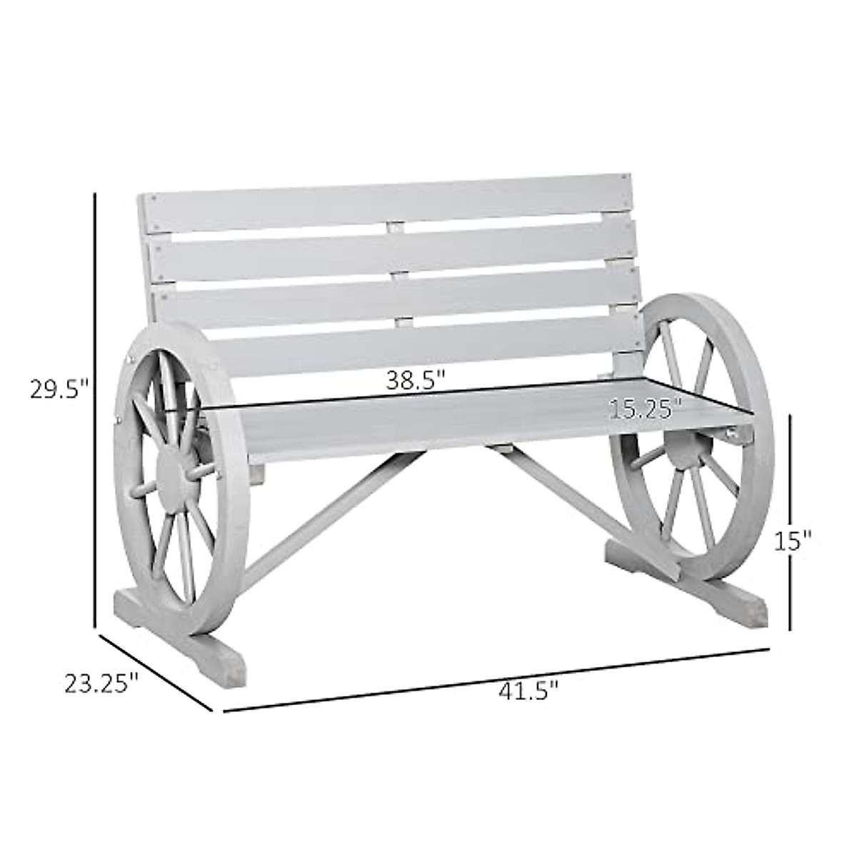 Outsunny Wooden Wagon Wheel Bench, Rustic Outdoor Patio Furniture, 2-Person Seat Bench with Backrest, Light Grey