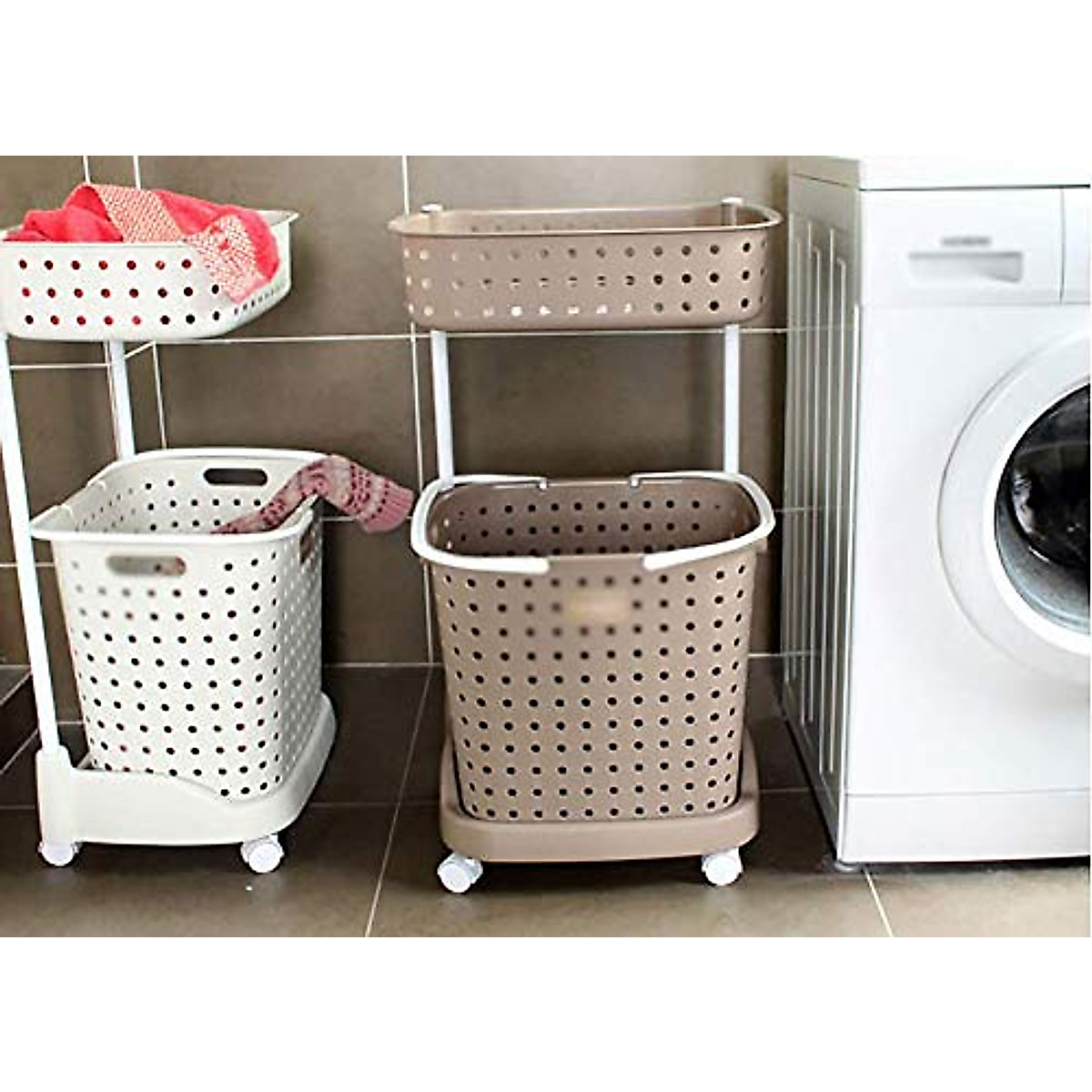WXXGY Movable Trolleys, Household Serving Cart Plastic Laundry Hamper for Dirty Clothes Toys for Bathroom, Home 2 Tiers Laundry Basket Cart Trolley on Wheels/Coffee/45 * 35 * 78Cm