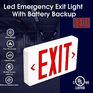 LED Emergency Exit Sign with 90 Minute Battery Backup, Double Sided Red Emergency Exit Light, US Common Criteria, ABS Fire Resistant (UL Listed 120-277V) (1 Pack)