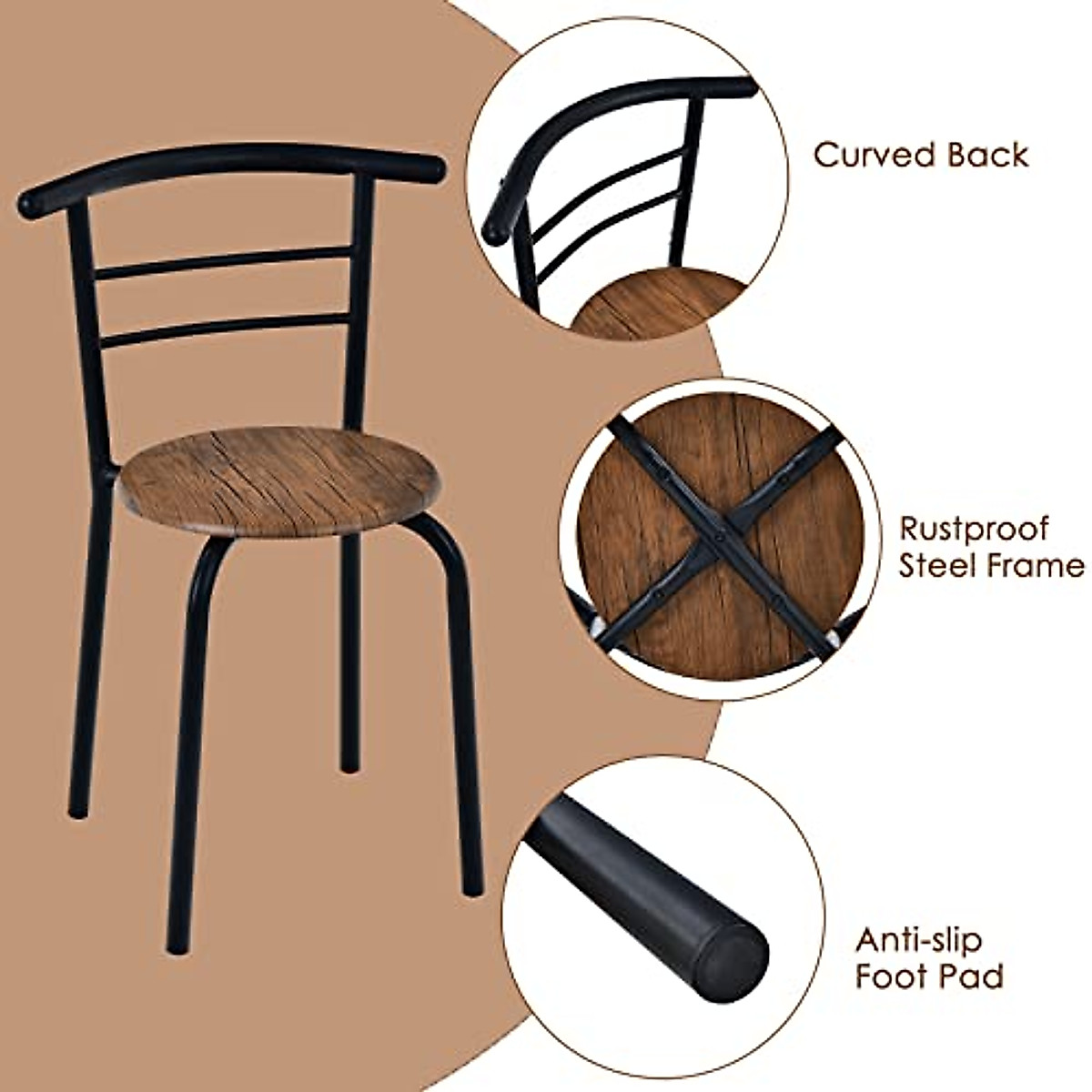 Giantex 3 Piece Dining Set Compact 2 Chairs and Table Set with Metal Frame and Shelf Storage Bistro Pub Breakfast Space Saving for Apartment and Kitchen (Black & Brown)